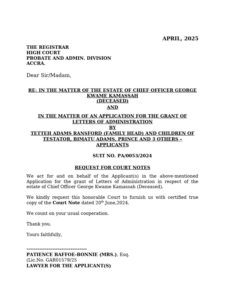 Request for Court Notes on Estate Administration | PDF