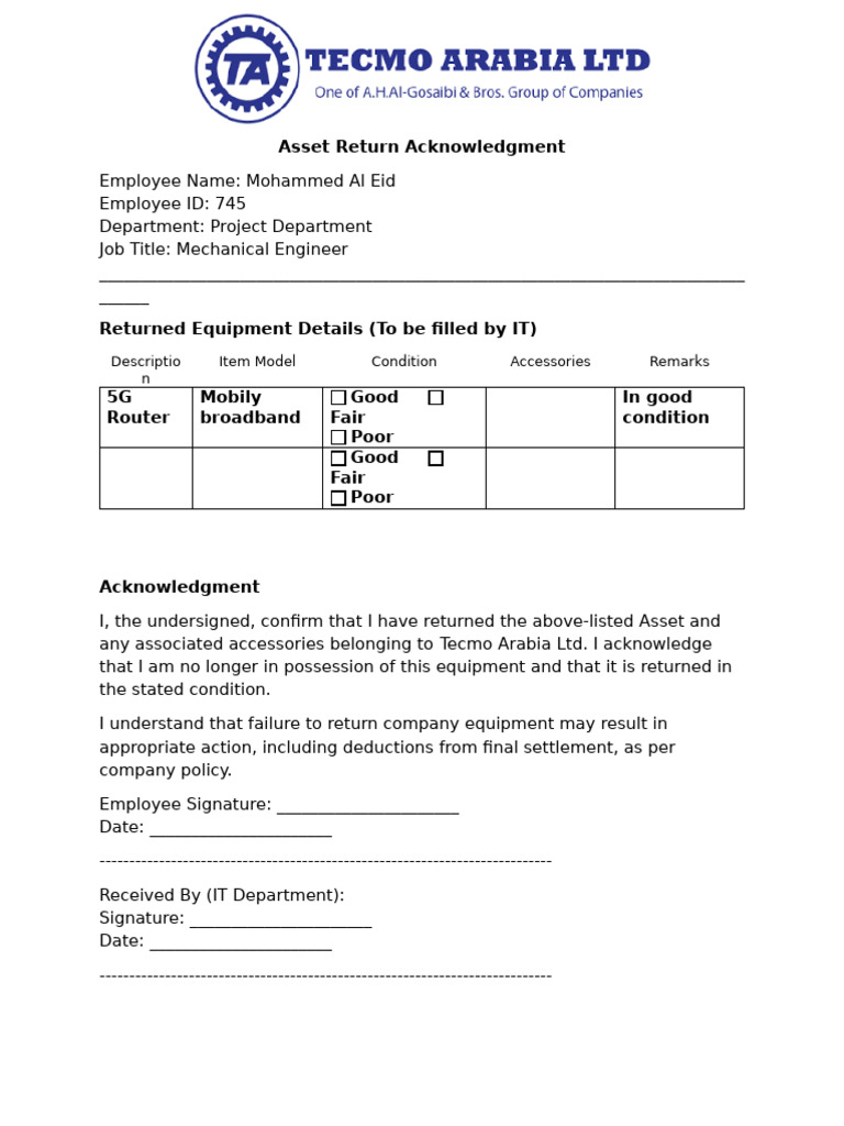 Asset Return Acknowledgment Form | PDF