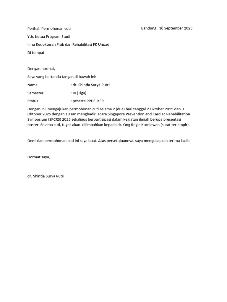 Surat Permohonan Cuti Shinta | PDF