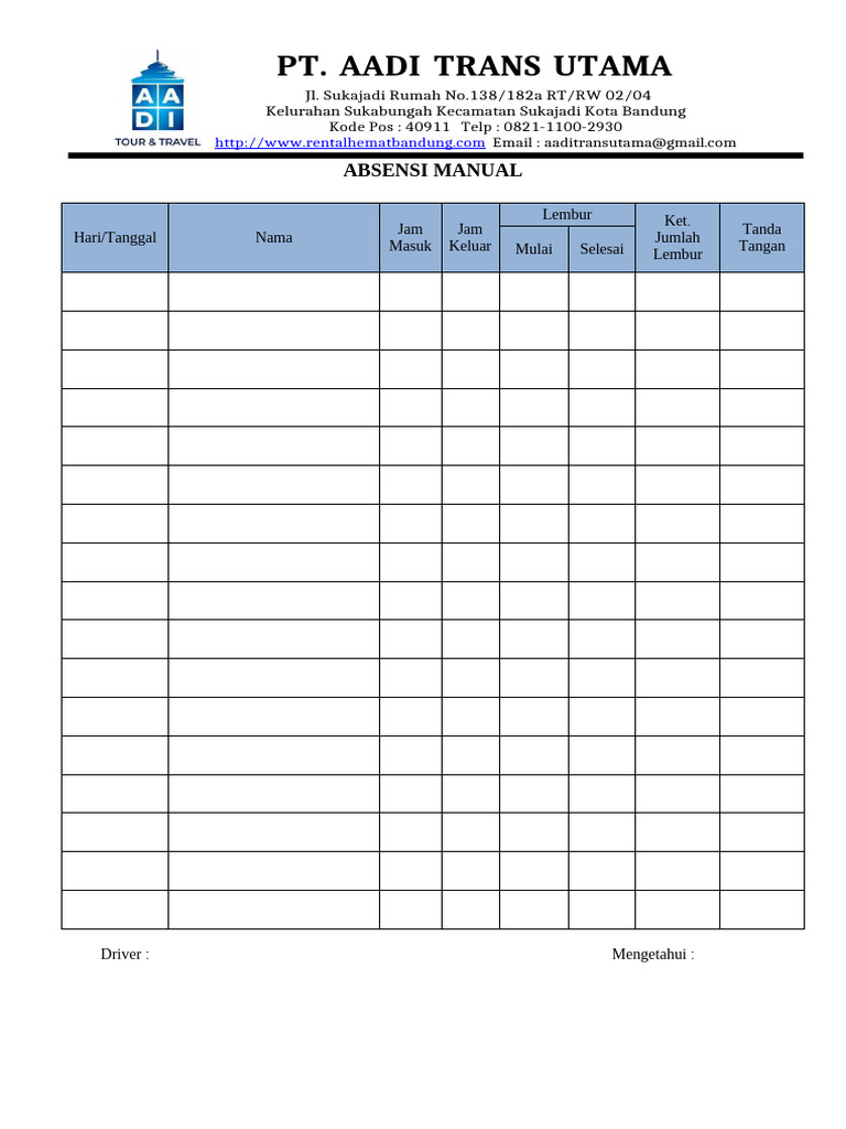 Absensi Manual Driver PT. AADI TRANS | PDF