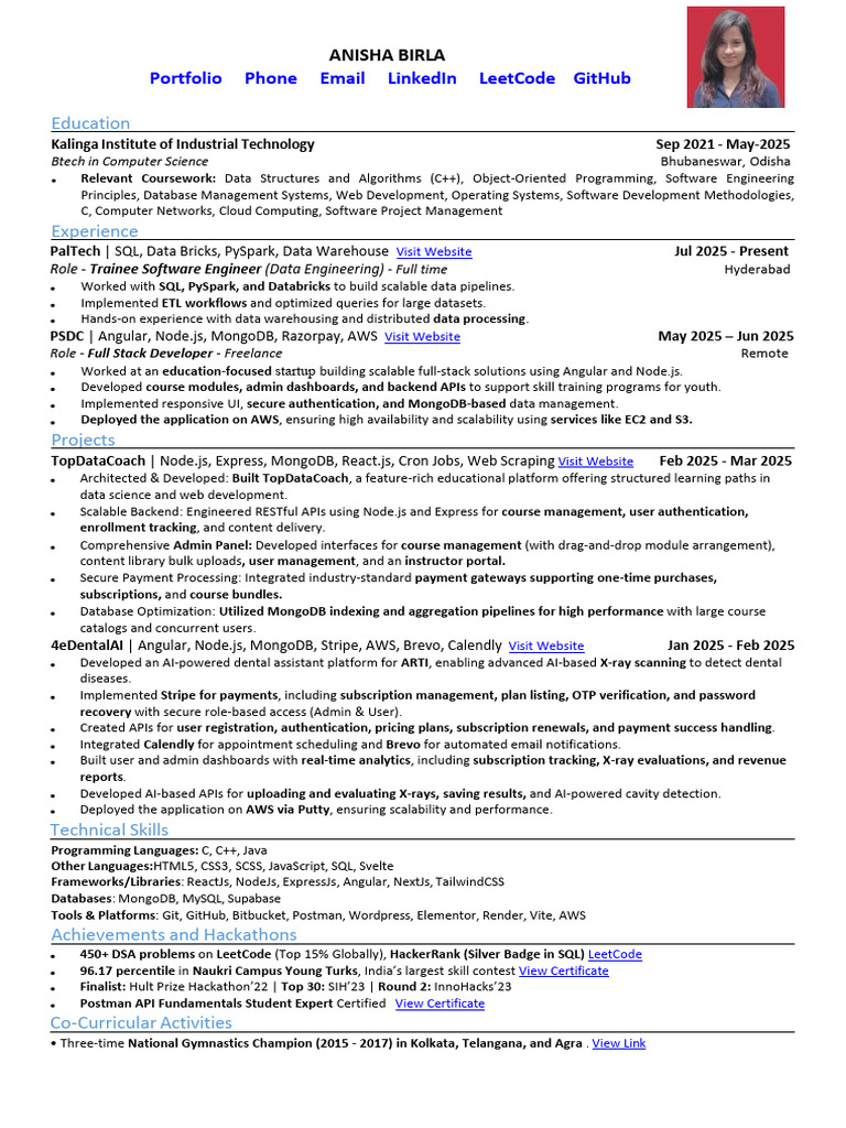 Anisha Birla Resume1-DoRWZwXj | PDF | Web Development | Apache Spark