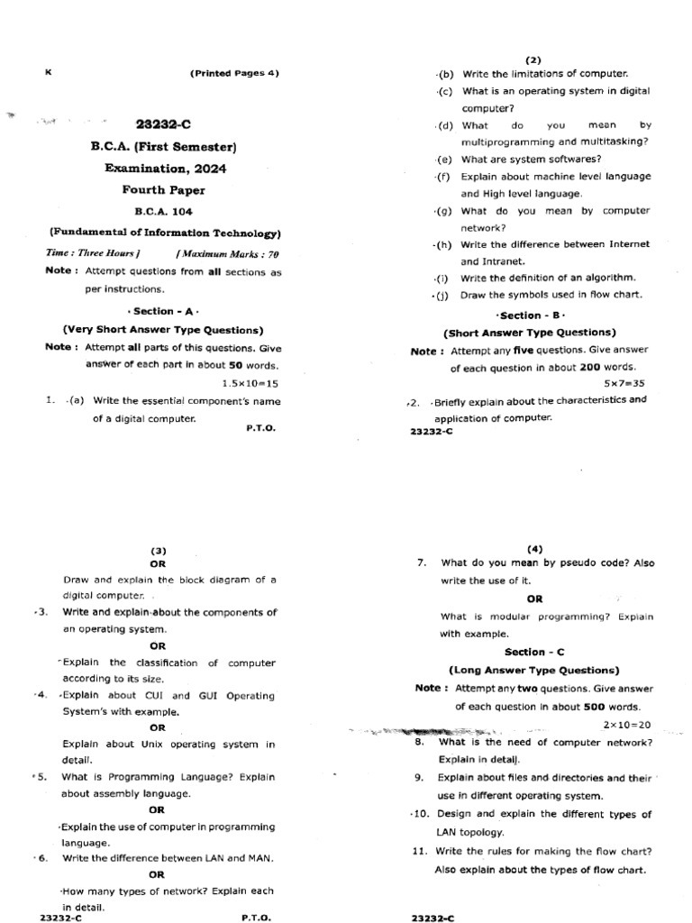 Bca 1 Sem Fundamental of Information Technology 23232 C 2024 | PDF