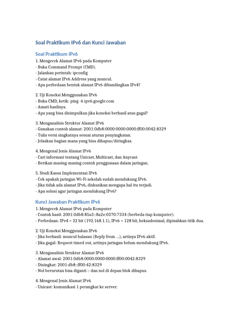 Soal Praktikum IPv6 Dan Kunci Jawaban | PDF