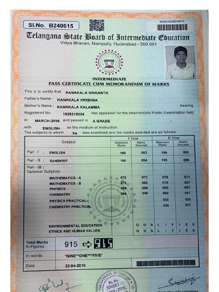 Srikanth Intermediate Mark Sheet | PDF