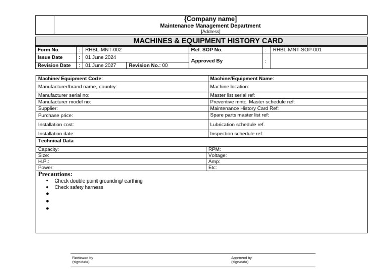 Machine Equipment History Card Format | PDF