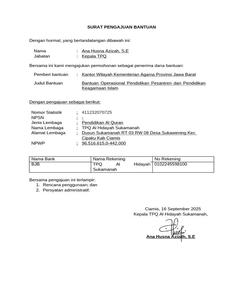 Format Permohonan Bop TPQ 2025 | PDF