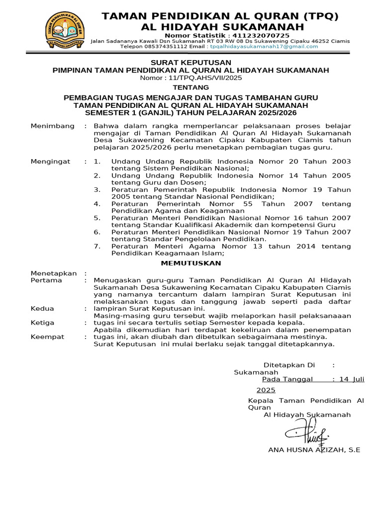 Pembagian Tugas Mengajar Dan Tugas Tambahan Guru Tpq | PDF