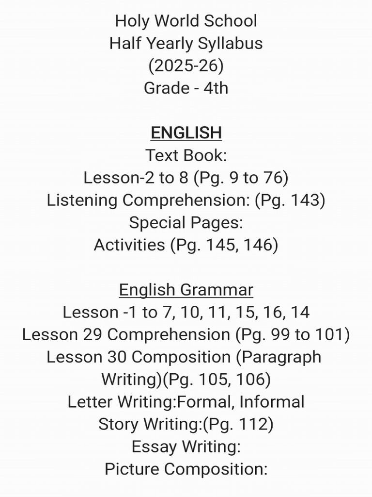 Half Yearly Syllabus of Class 4th (2025-26) | PDF