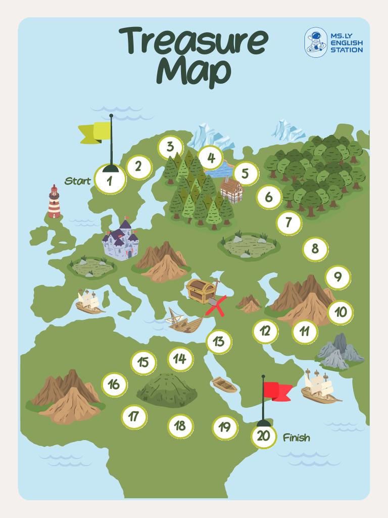 Treasure Map Worksheet in Green and Blue Cartoon Style | PDF