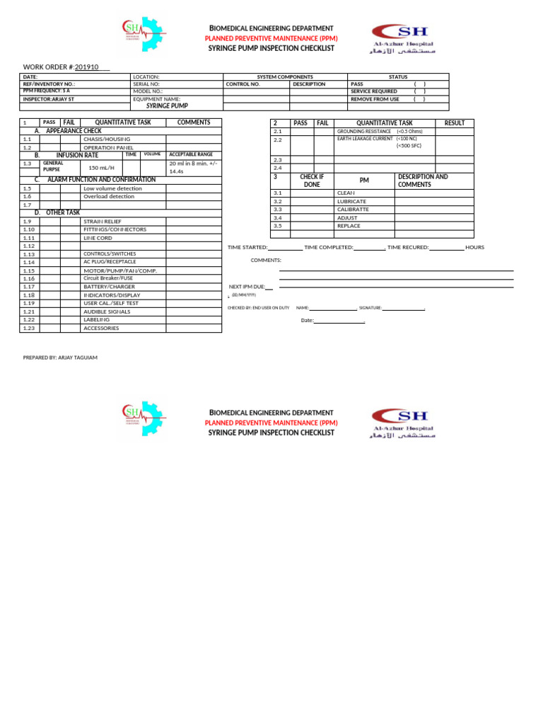 Syringe Pump PPM Inspection Checklist | PDF