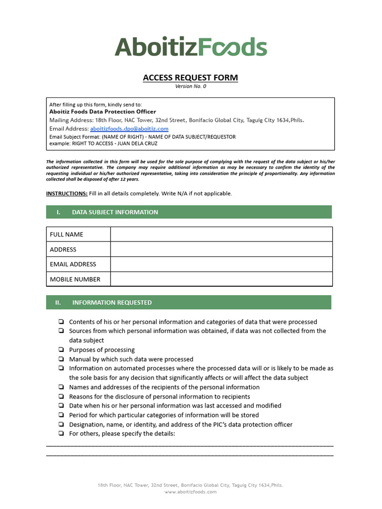 Aboitiz Foods PH Access Request Form Rev 01 | PDF | Computing