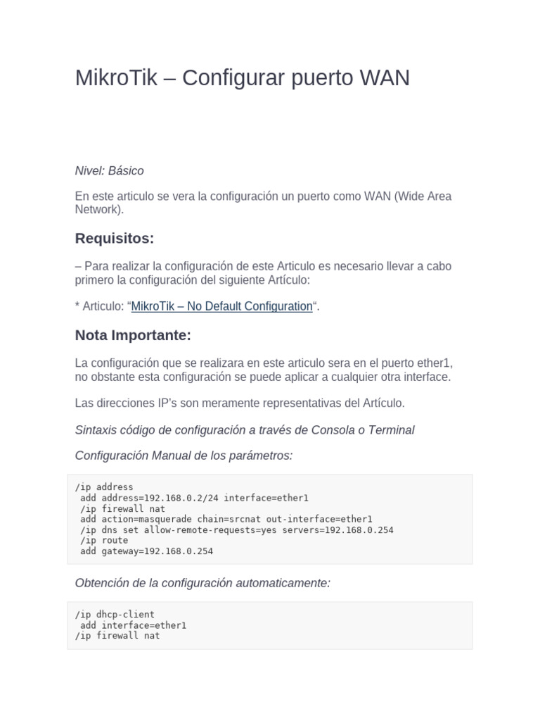 Configuración WAN en MikroTik | PDF | Dirección IP | sistema de nombres ...
