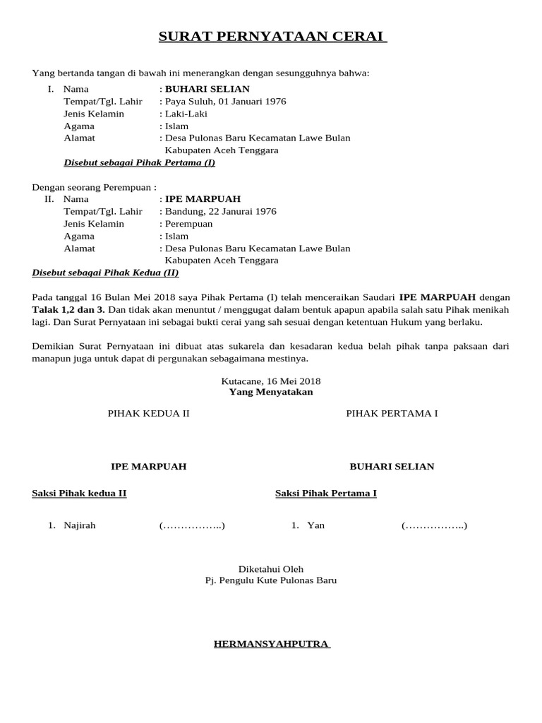 Surat Pernyataan Cerai | PDF