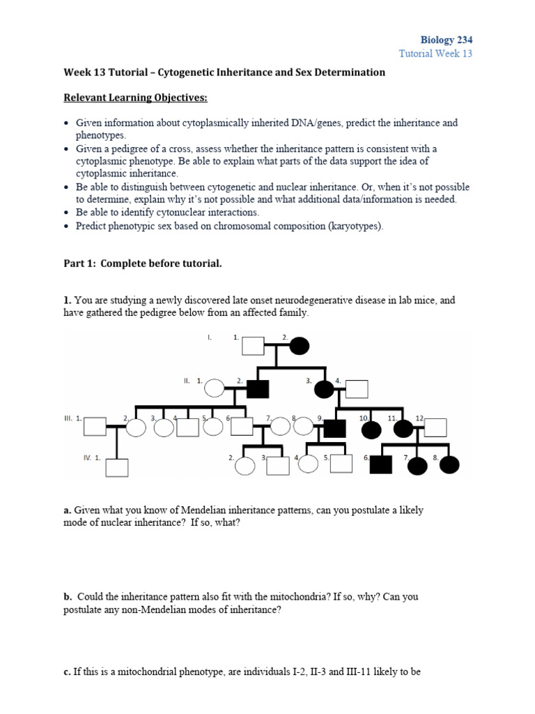 Biol 234 2024WT1 Week 13 Cytoplasmic Inheritence Tutorial Problems For ...