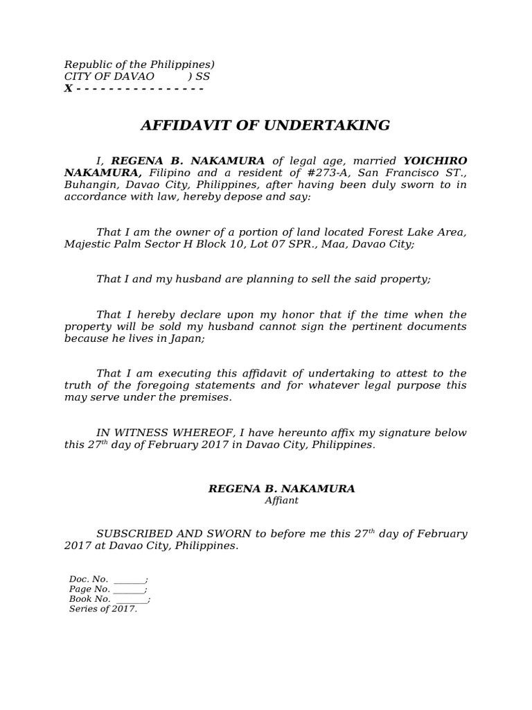 Affidavit of Undertaking in Davao City | PDF | Affidavit | Legal Procedure