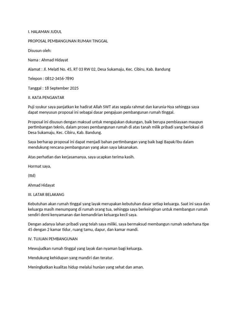 Proposal Pembangunan Rumah Tipe 45 | PDF