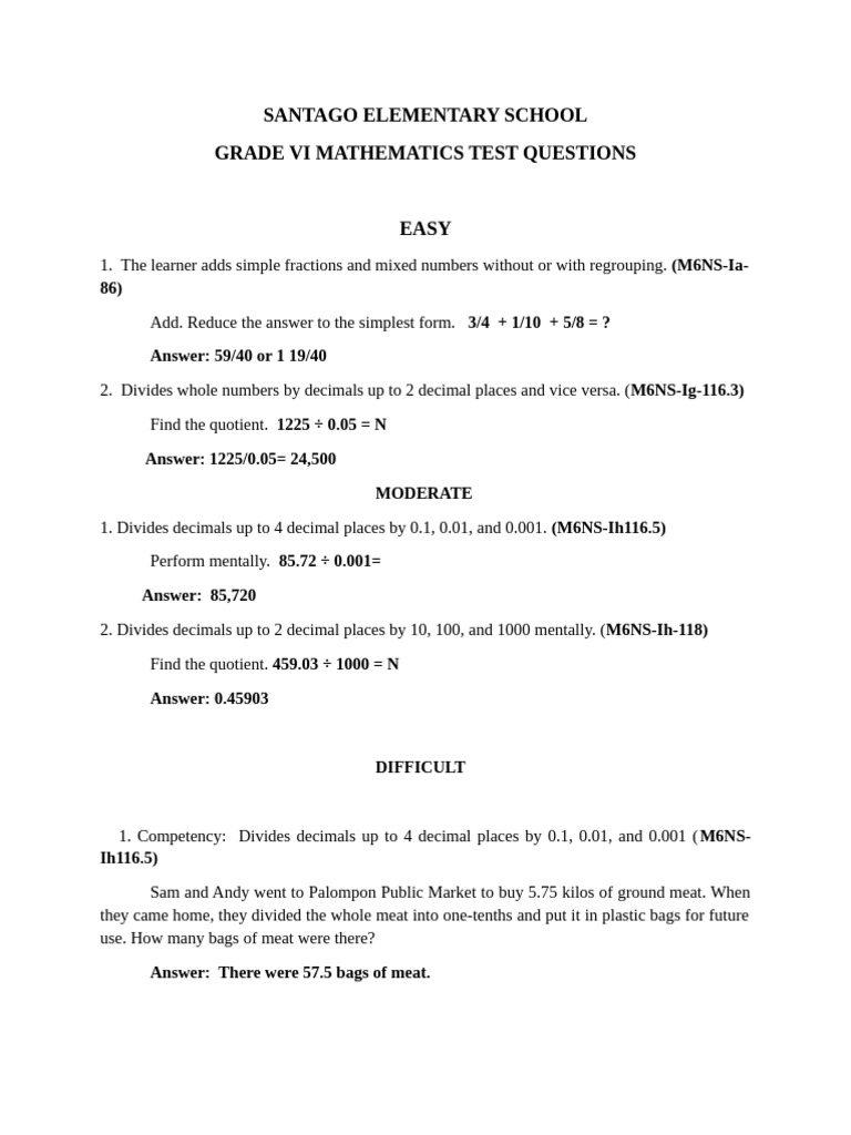Grade Vi Math Test Question | PDF