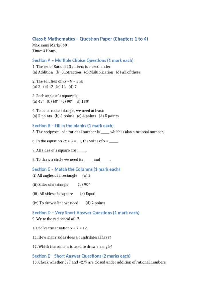 Class8 Math QuestionPaper | PDF