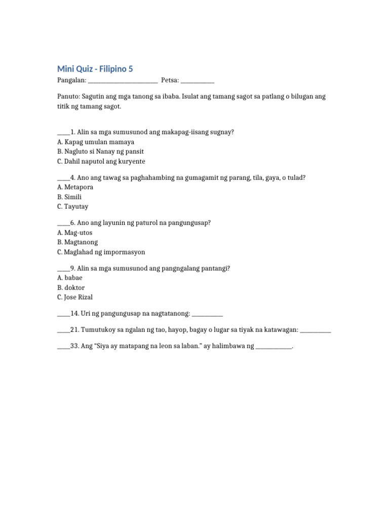 Mini Quiz at Performance Task Filipino5 | PDF