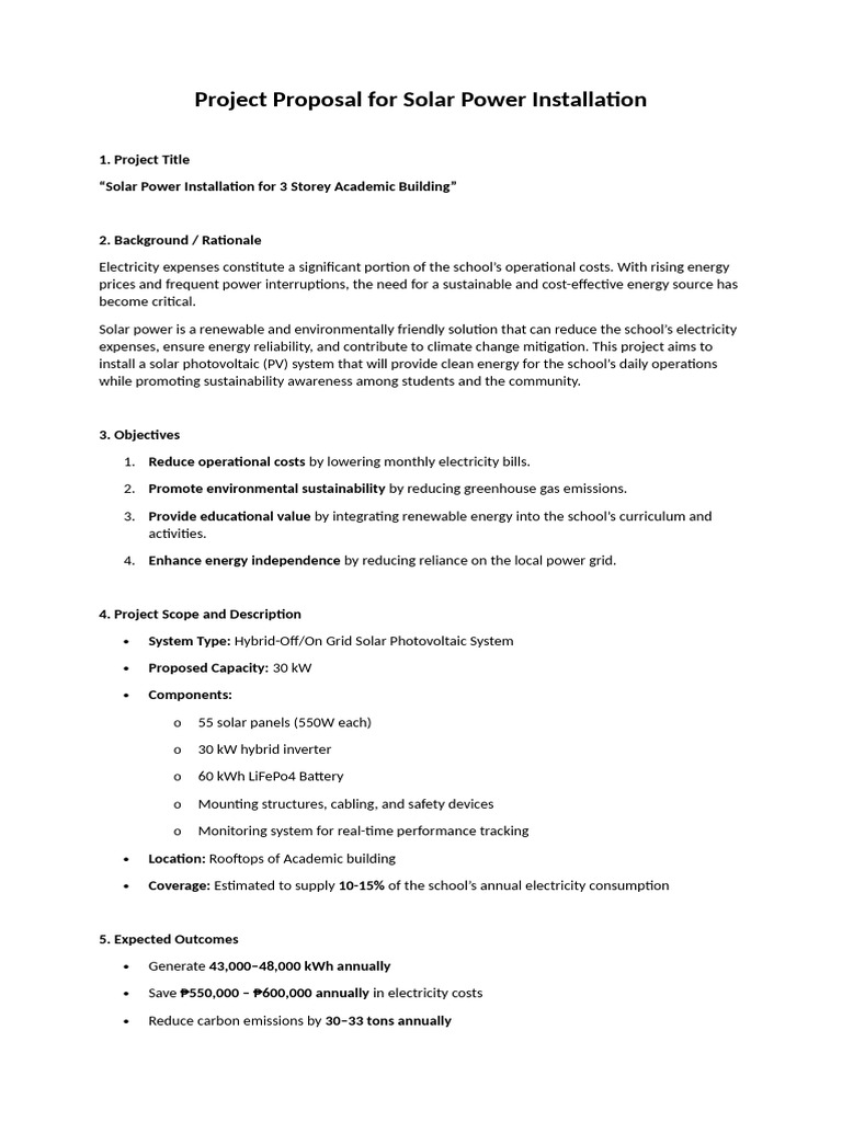 Project Proposal For Solar Power Installation | PDF | Solar Power | Photovoltaic System