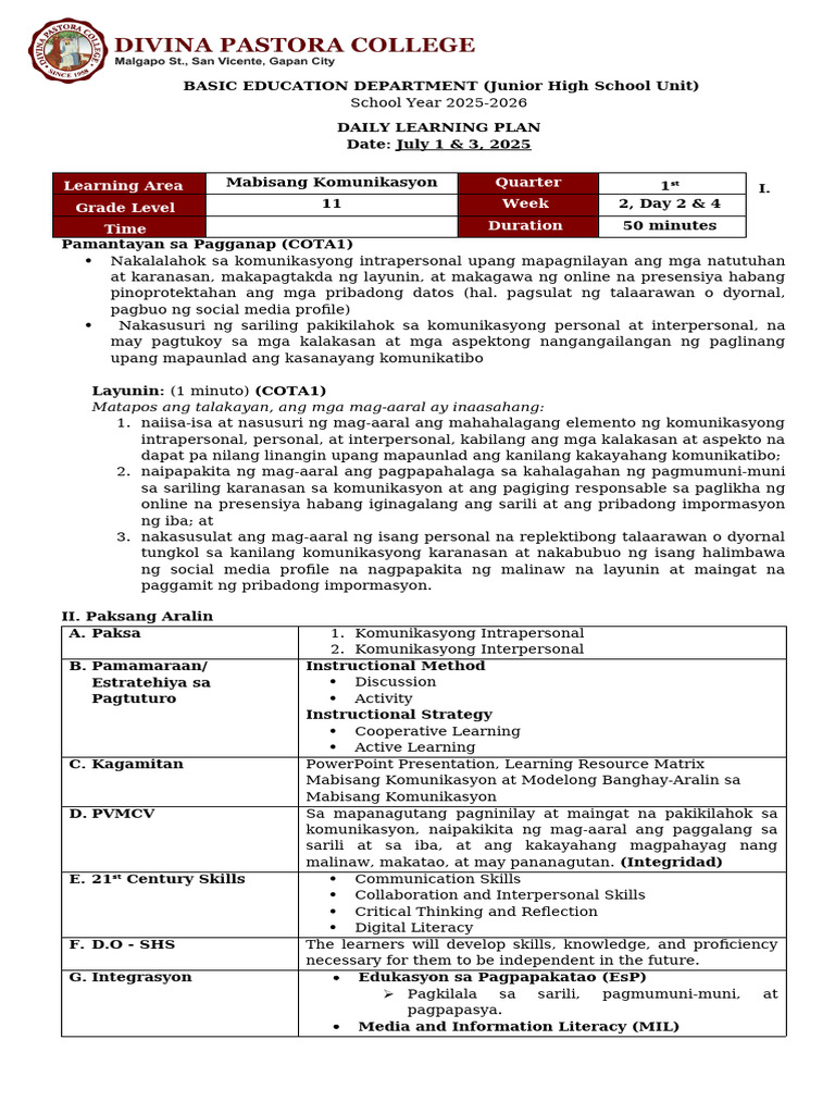 W2D2&4 - MK11Q1 (Komunikasyong Personal at Interpersonall) Principe | PDF