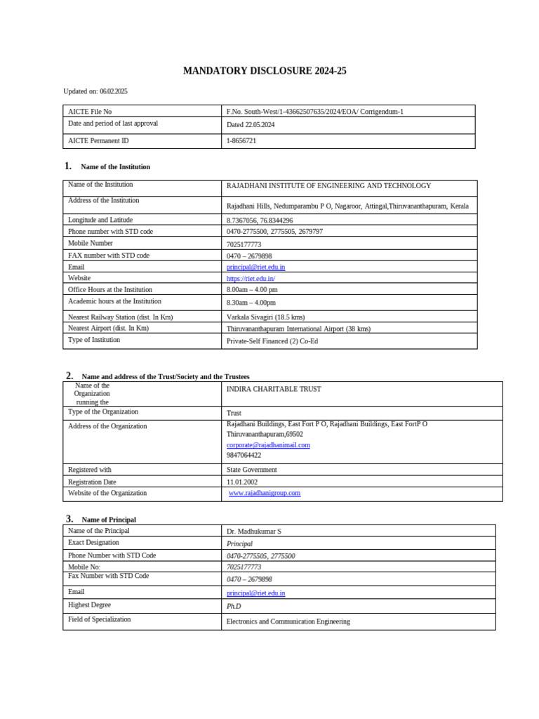 Rajadhani Institute 2024-25 Disclosure | PDF | University And College ...