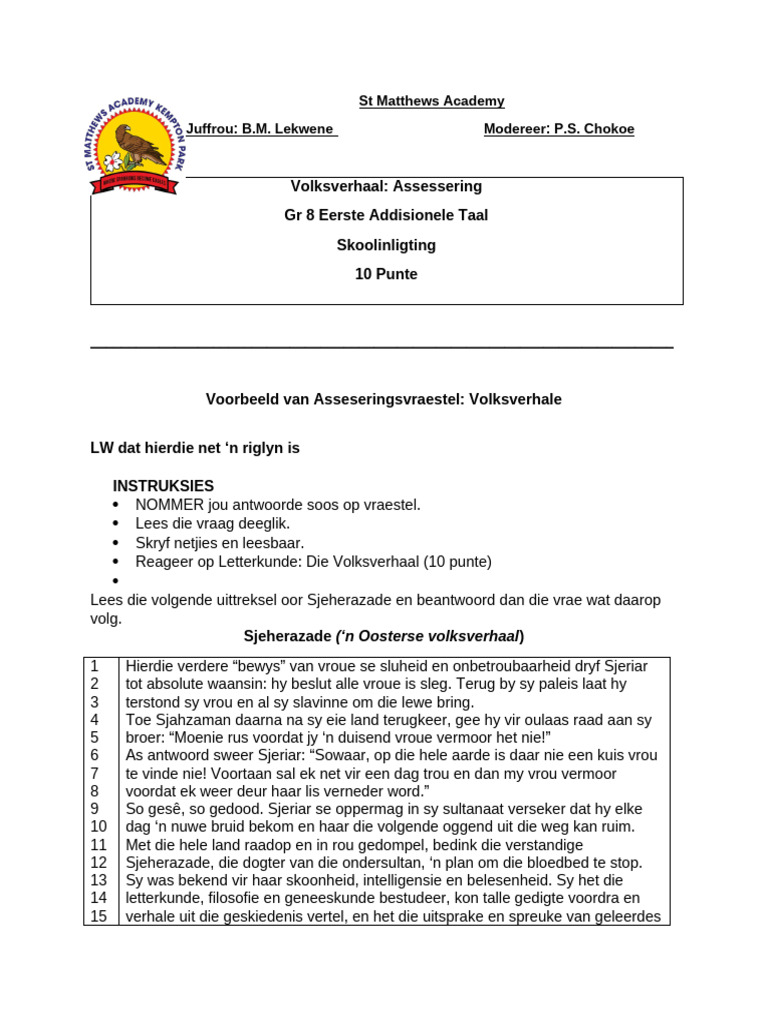 GR 8 AFR HT - VOLKSVERHAAL - Assessering - Sjeherazadel | PDF