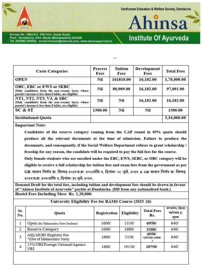 BAMS Course Fee Structure 2025-26 | PDF | Politics Of India