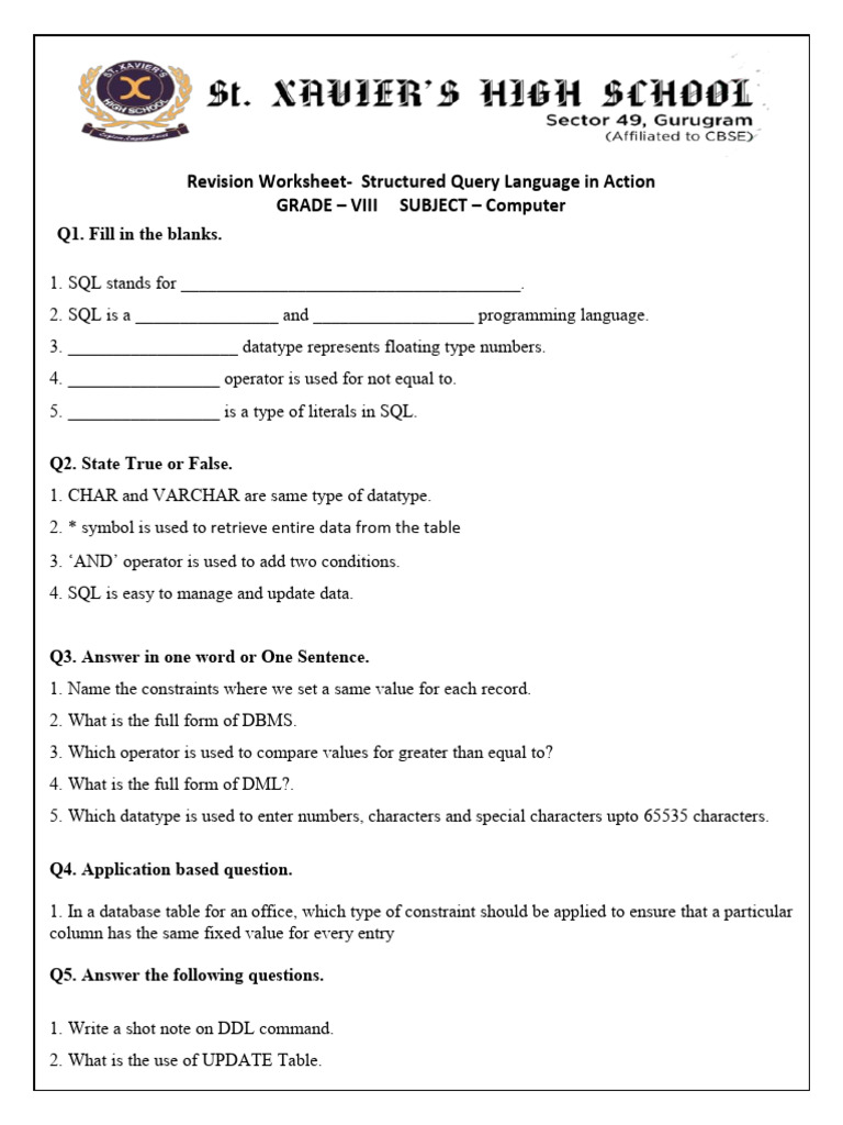 SQL Worksheet for Grade VIII Students | PDF