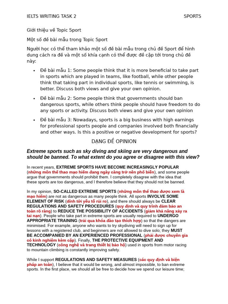 IELTS Writing Task 2: Sports Topics | PDF | Sports