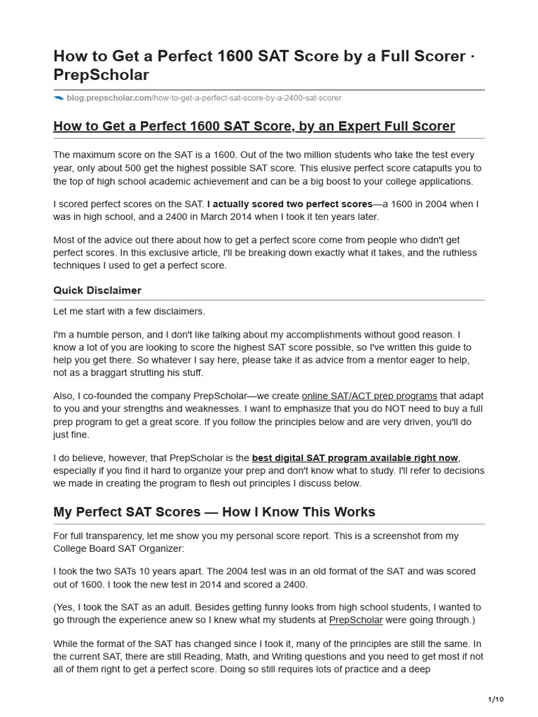 Achieving a Perfect 1600 on the SAT | PDF | Sat | Medical College ...