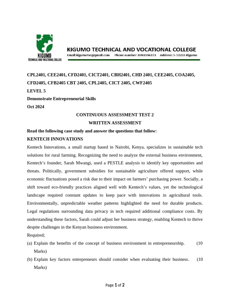 CAT 2 - Written Test - Level 5 - Demonstrate Entrepreneurial Skills | PDF