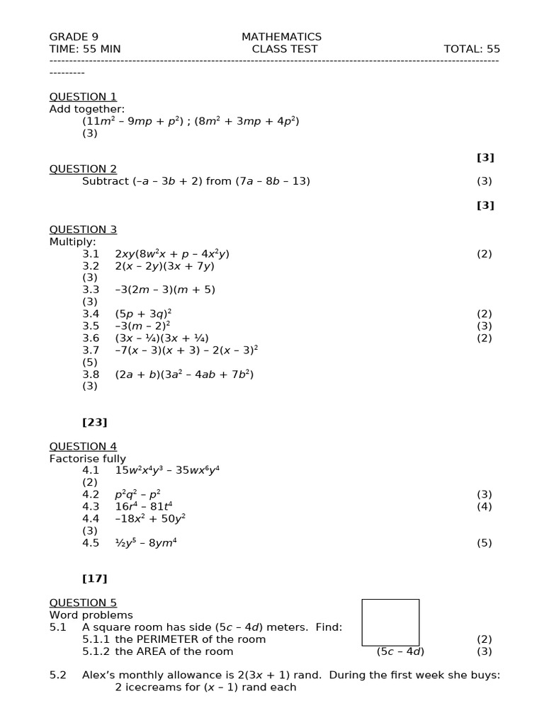 Grade 9 Class Test Algebra 2 | PDF | Mathematics | Elementary Mathematics