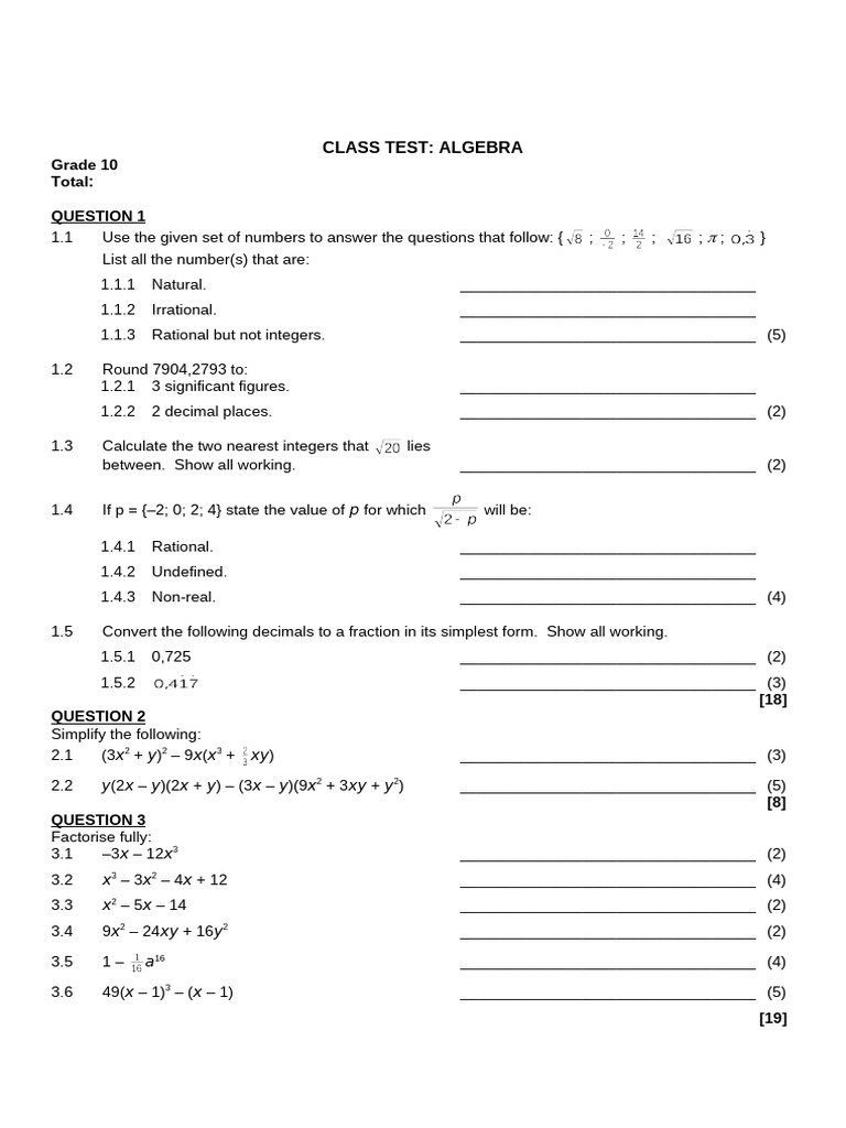 Grade 10 Algebra Class Test | PDF | Rational Number | Numbers