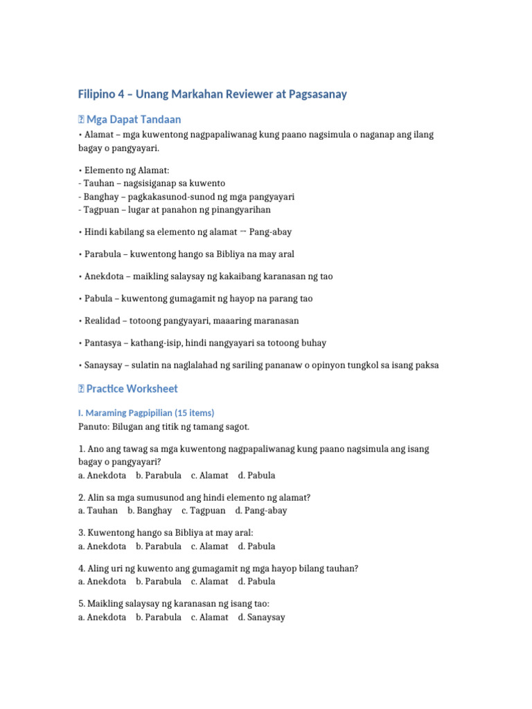 Filipino4 Q1 Reviewer Worksheet | PDF