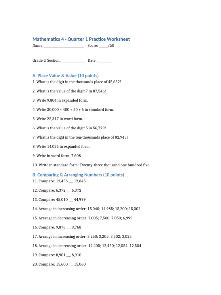 Math4 Q1 Practice Worksheet | PDF