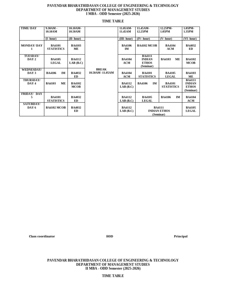 I &II MBA ODD Sem (2025-2026) PRIYA Time Table and Faculty Work Load ...