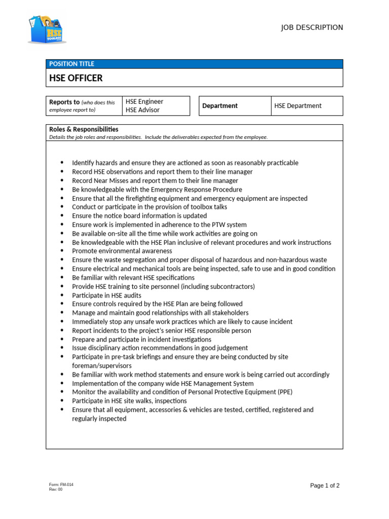 HSE Officer Job Description and Requirements | PDF | Occupational ...