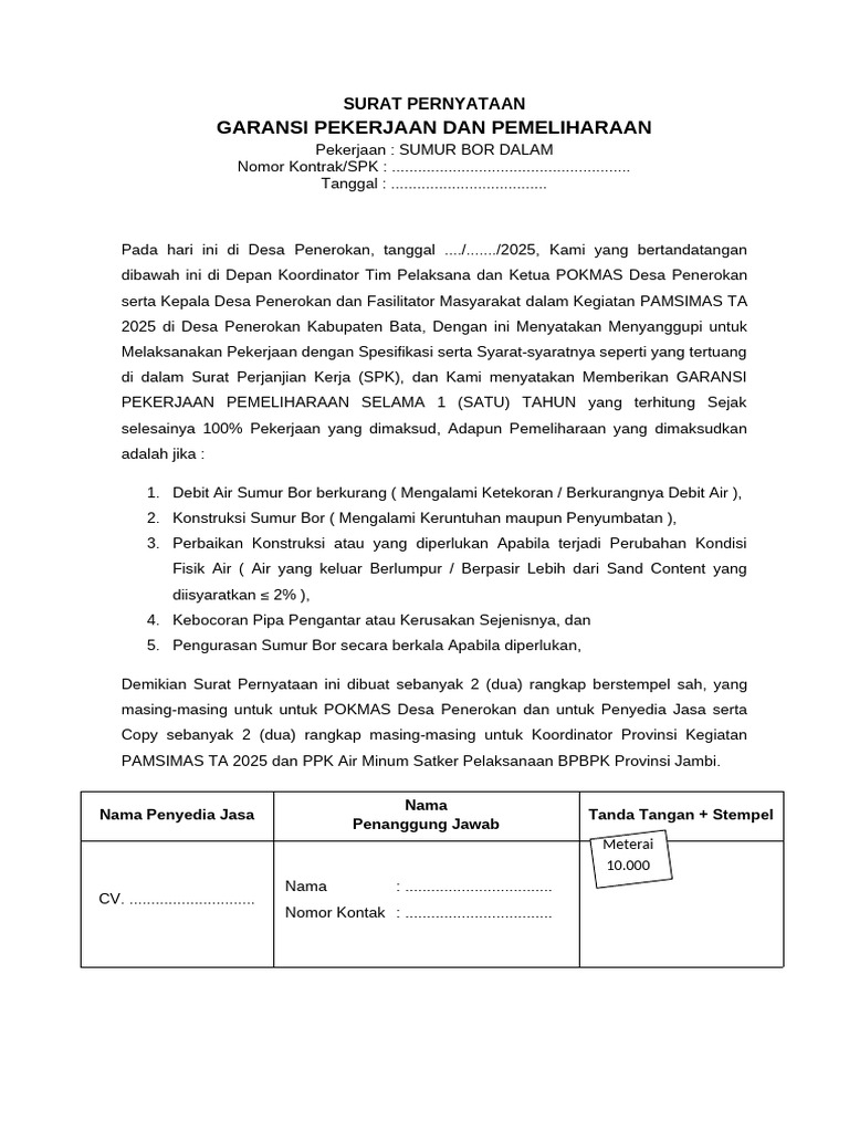 Surat Garansi Sumur Bor 2025 | PDF