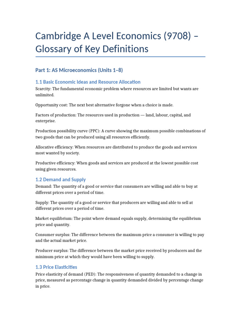 A Level Economics Key Definitions Guide | PDF | Labour Economics | Demand