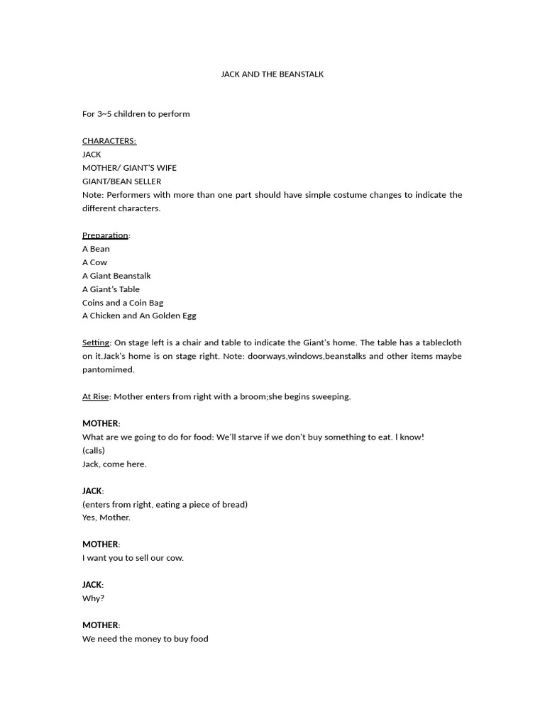 Jack and the Beanstalk Play Script | PDF | Jack And The Beanstalk