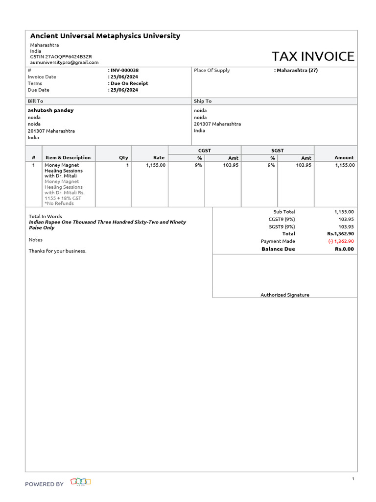 Tax Invoice for Healing Sessions | PDF