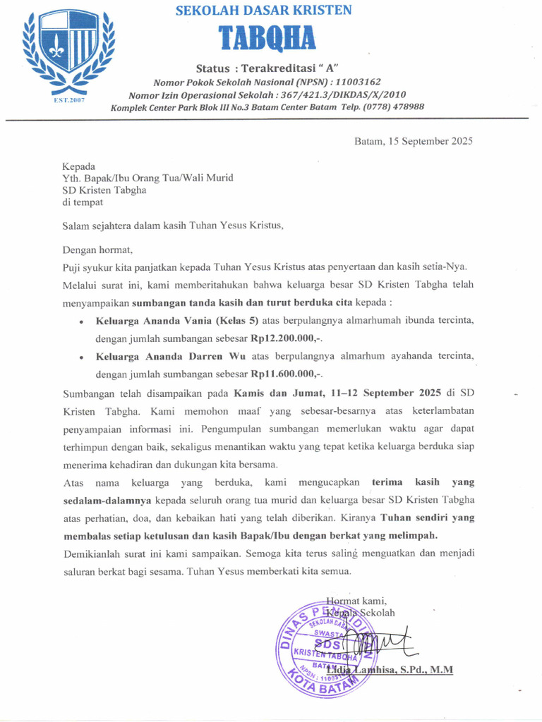 Surat Ucapan Terimakasih Untuk Sumbangan Kasih Untuk Keluarga Vania ...
