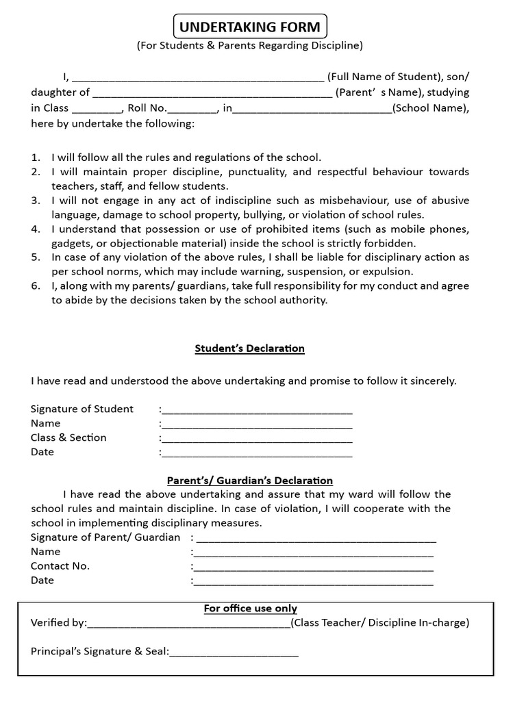 Undertaking Form For Students & Parents | PDF