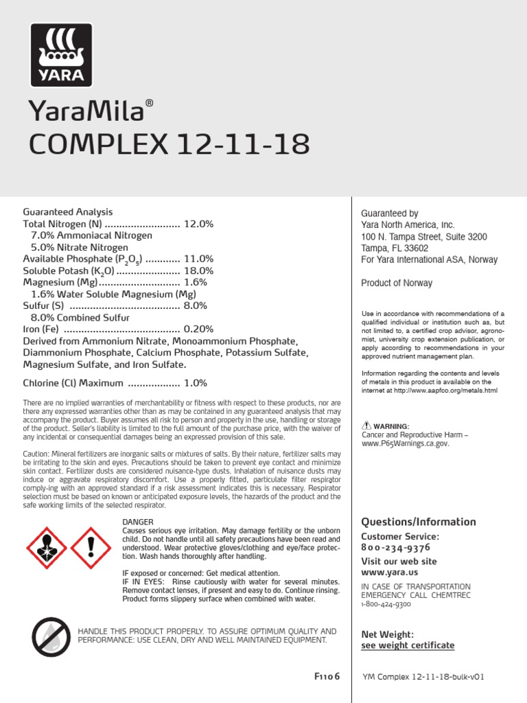 Yaramila Complex 12-11-18 Label | PDF | Fertilizer | Magnesium