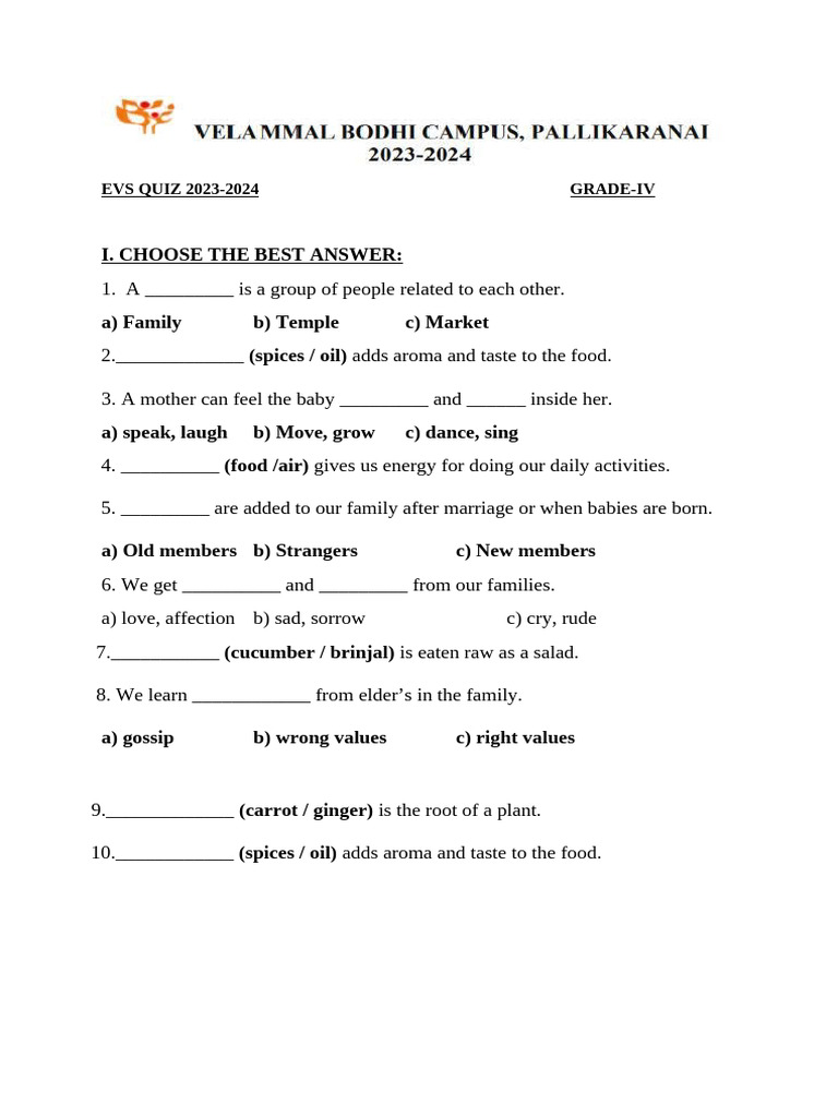 Class 4 EVS Quiz 2023-2024 | PDF