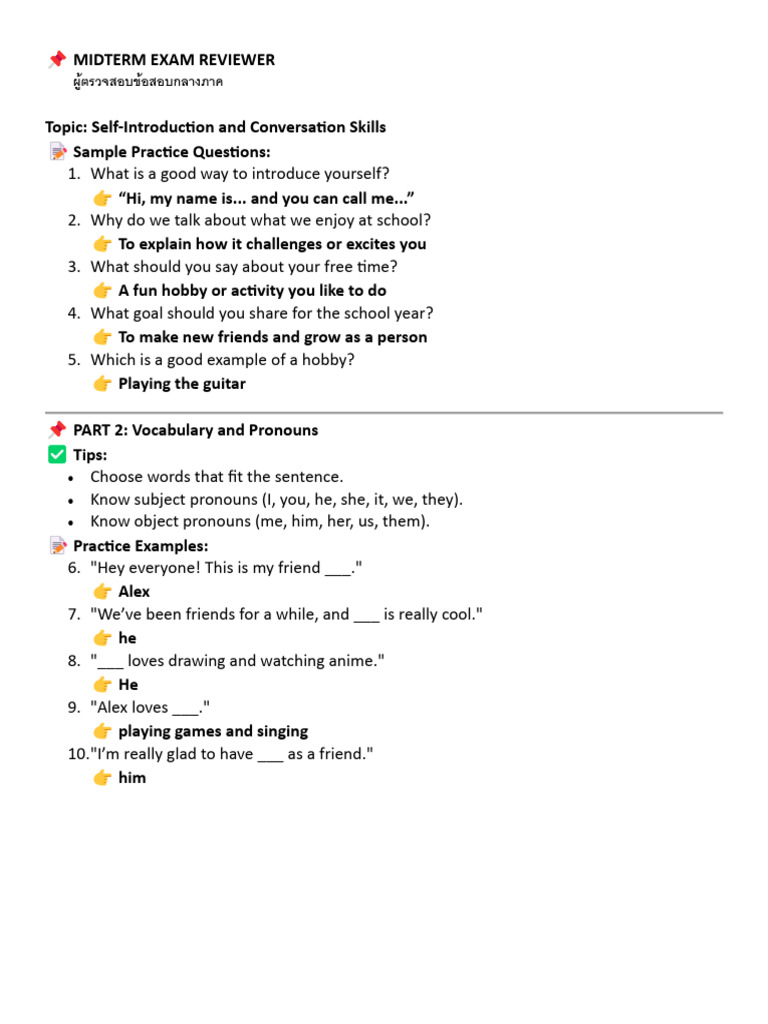Midterm Exam Review: Conversation Skills | PDF | English Language