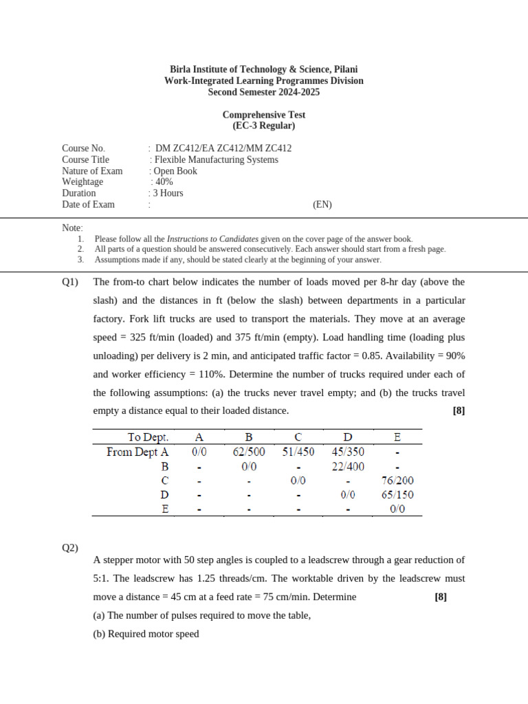 Flexible Manufacturing Systems Exam 2024 | PDF | Mechanical Engineering