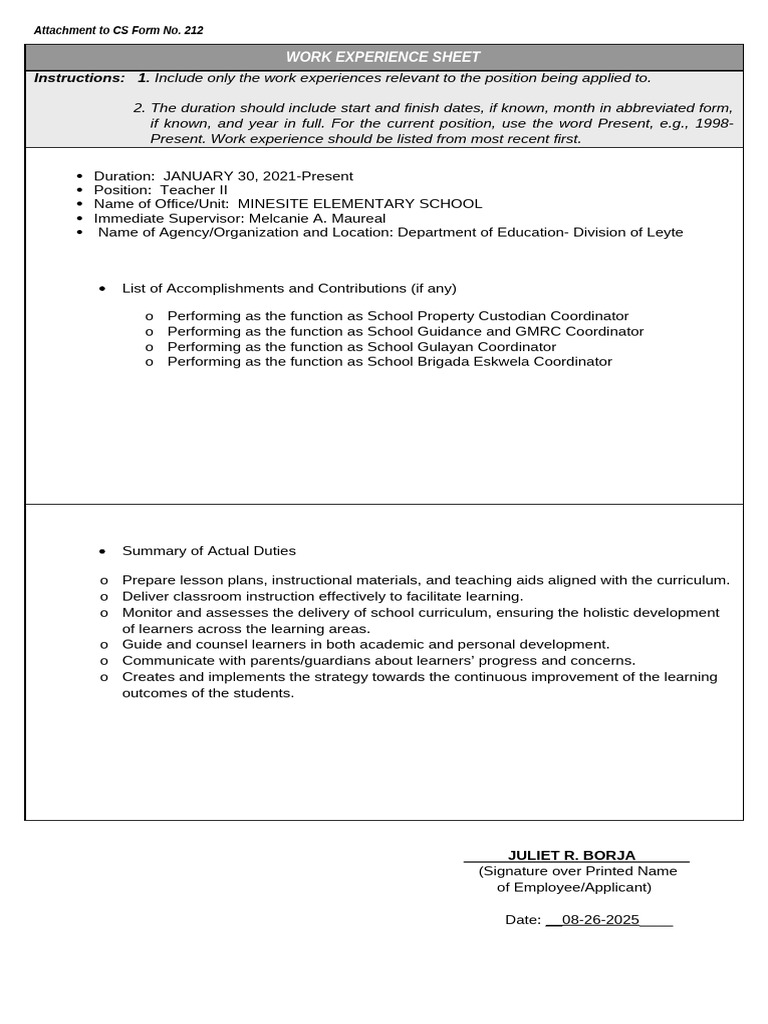 CS Form No. 212 Attachment Work Experience Sheet AGUILAR FINAL | PDF