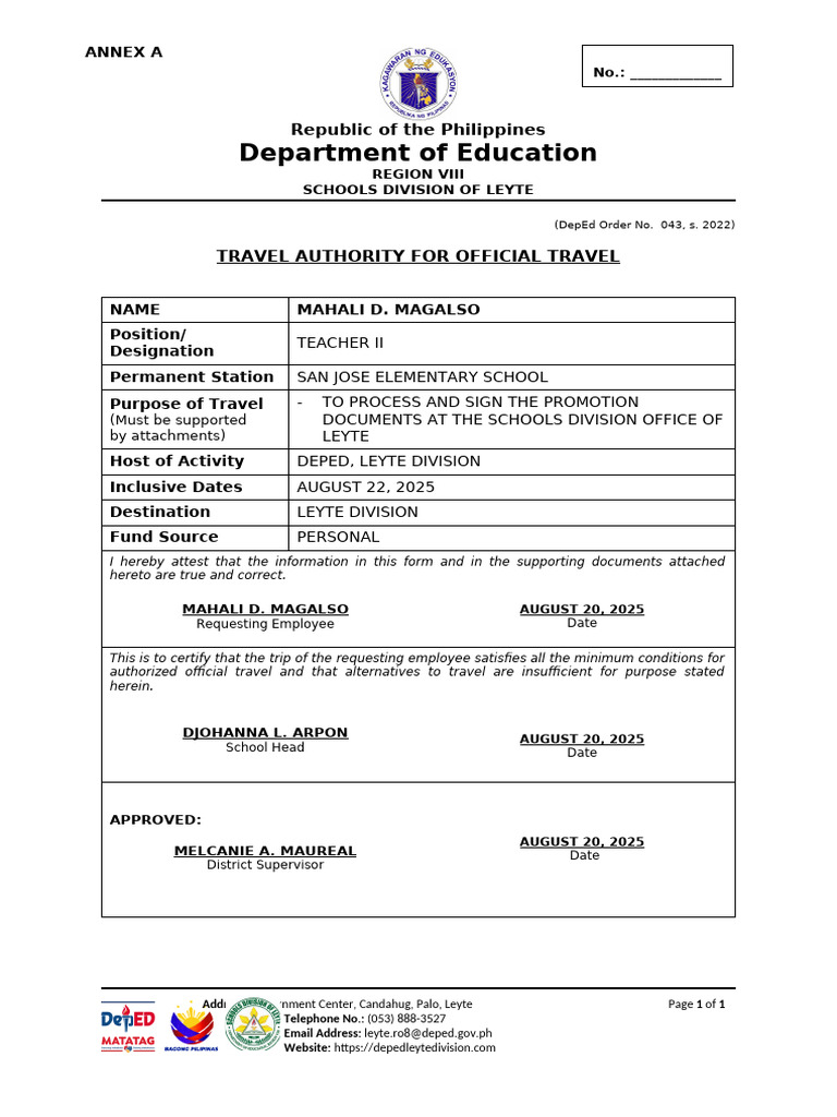 Travel Authority for Teacher II | PDF